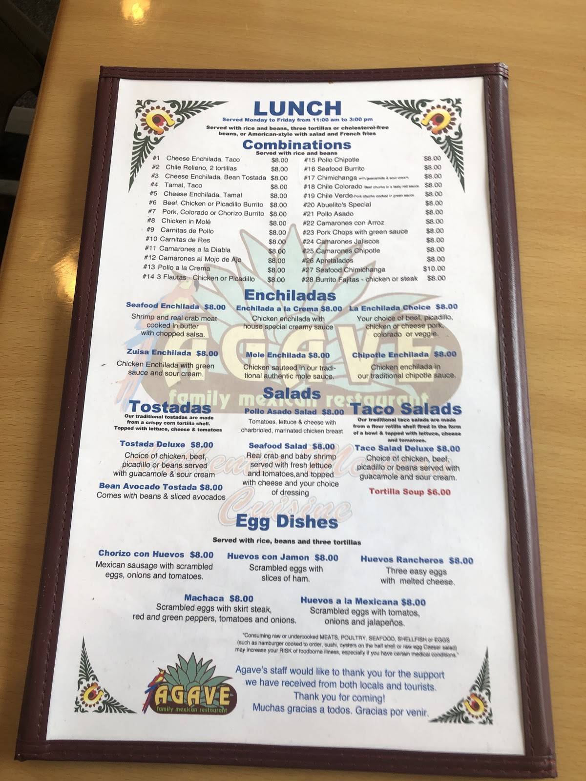 Menu at Agave restaurant, Driggs