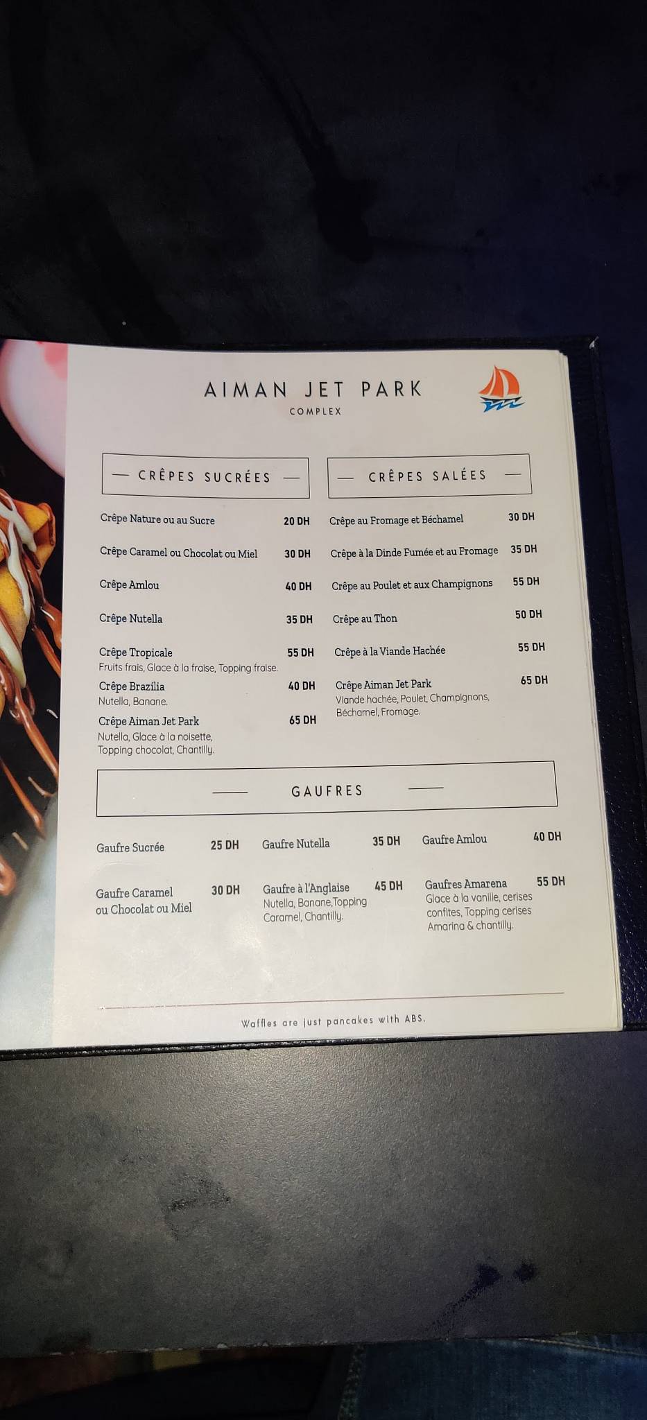 Menu au Aiman Jet Park café, Al Hoceima