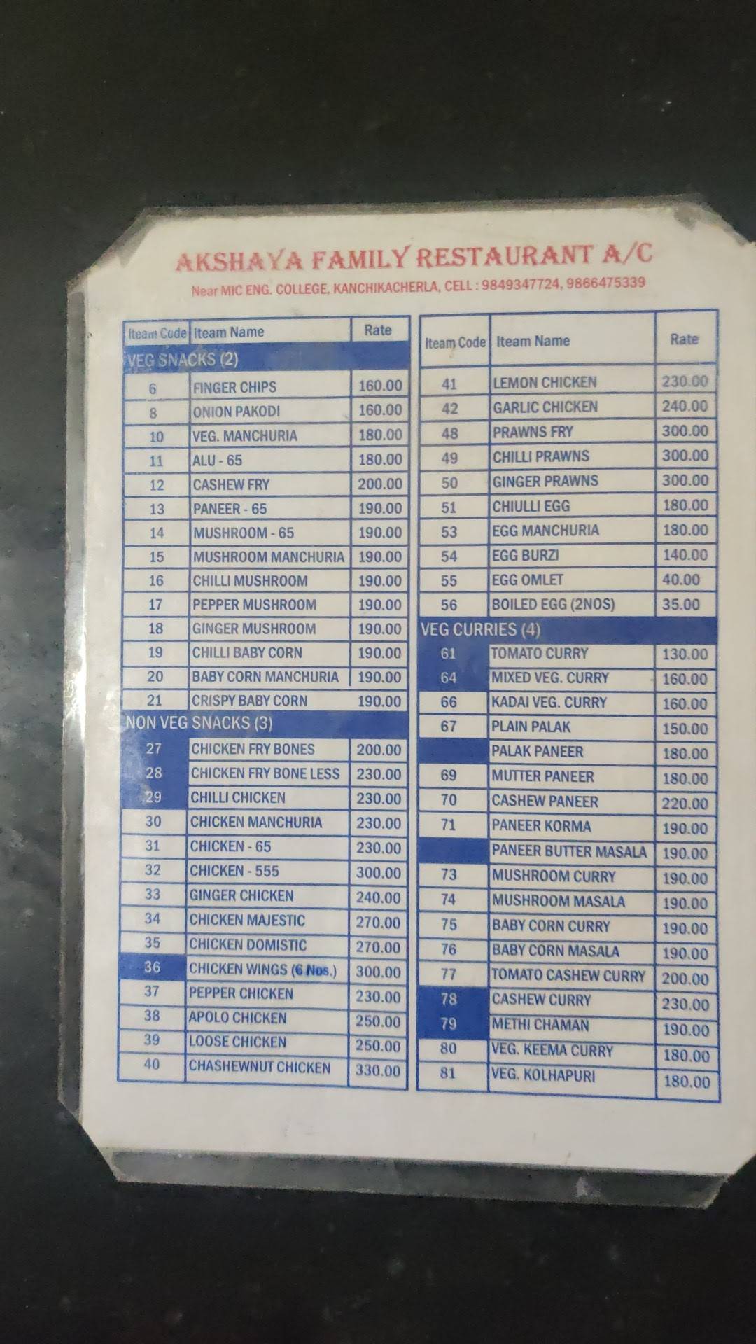 Menu at Akshaya family Restaurant, Kanchikacherla, Krishna