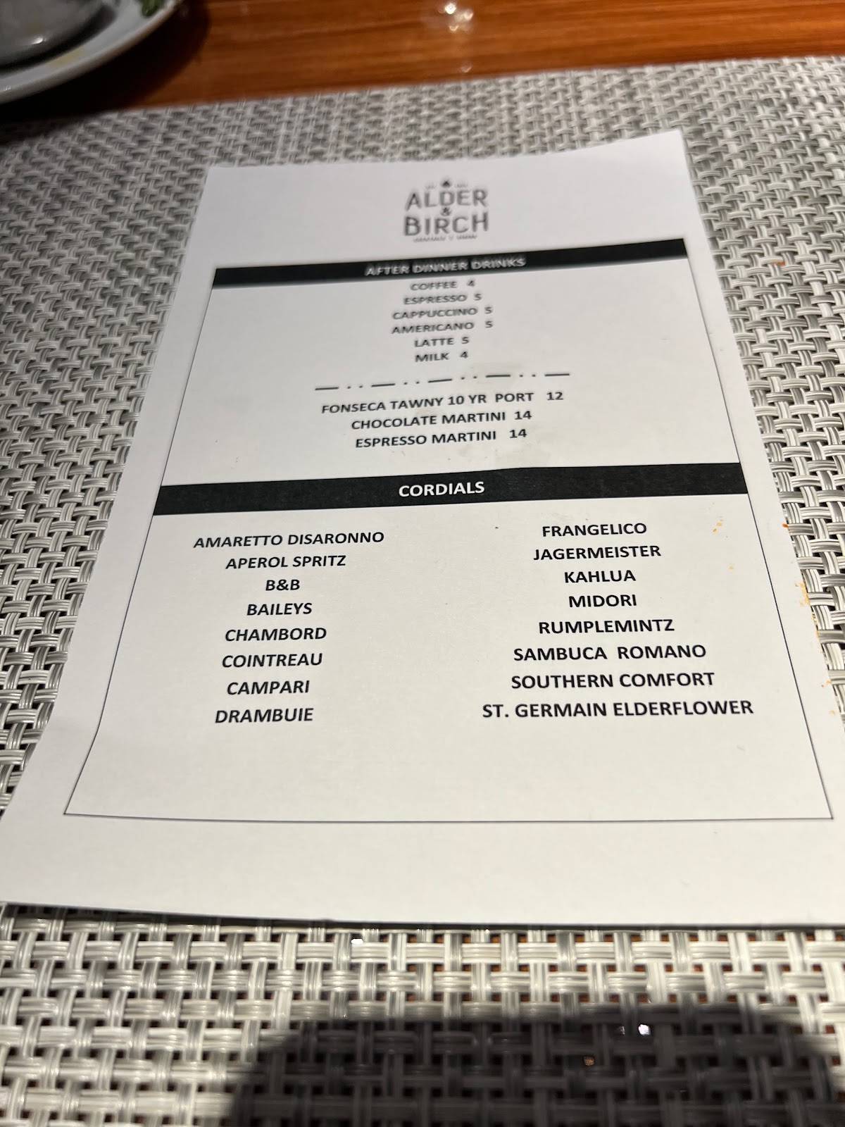 Menu at Alder & Birch pub & bar, Las Vegas