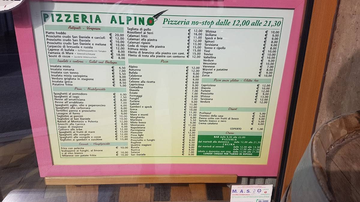 Speisekarte von Alpino pizza, Tarvis