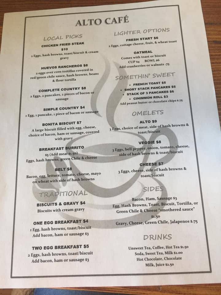 Menu at Alto Cafe, Alto, 810 NM-48