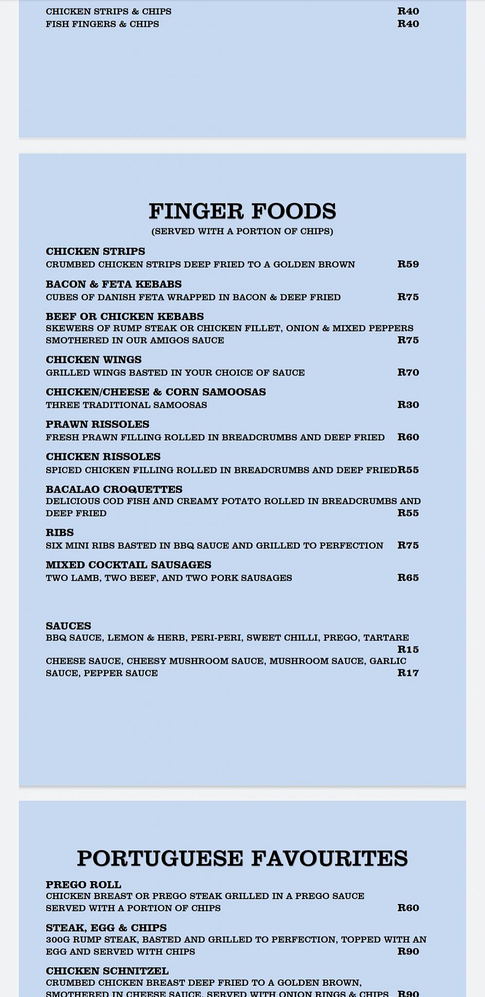Menu at Amigos restaurant, Boksburg, Elizabeth Rd