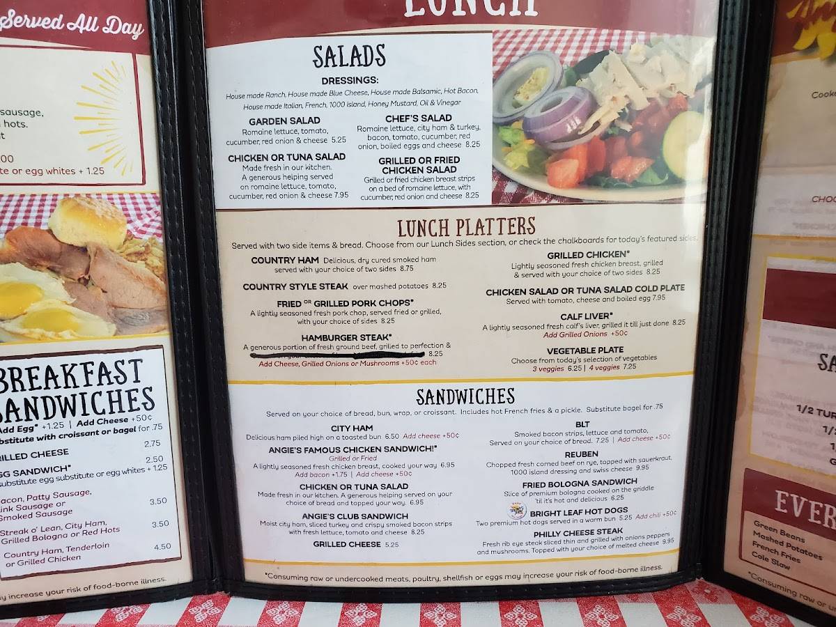 Menu at Angie's Restaurant, Garner