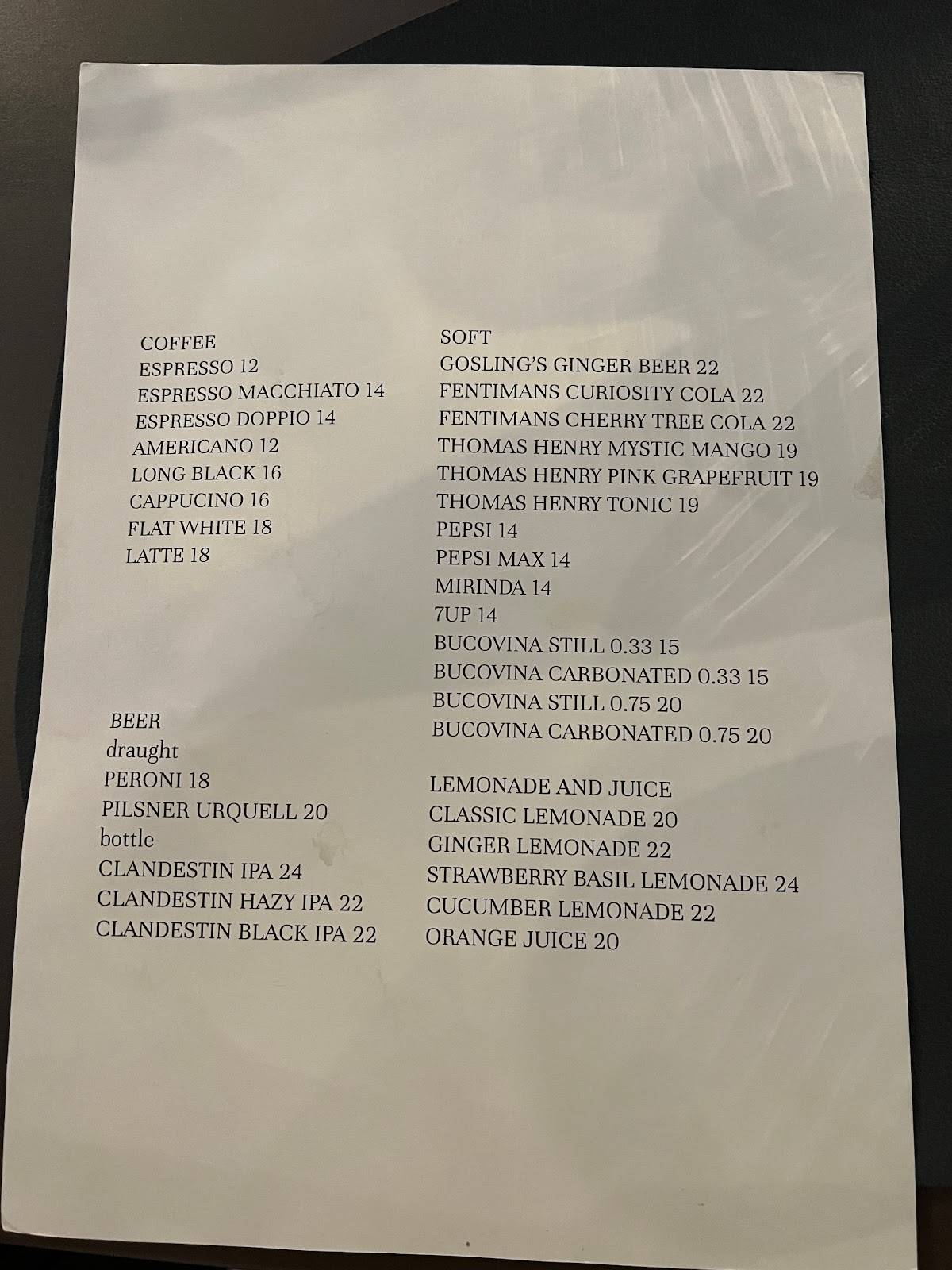 Menu at Animaletto House, Bucharest