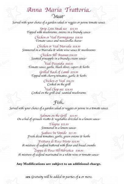 Menu at Anna Maria Trattoria restaurant, Vaughan