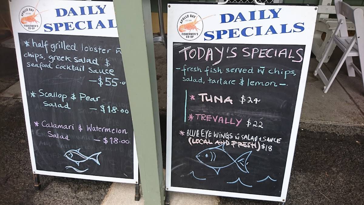 Menu at Apollo Bay Fishermen's Co-Op restaurant, Apollo Bay