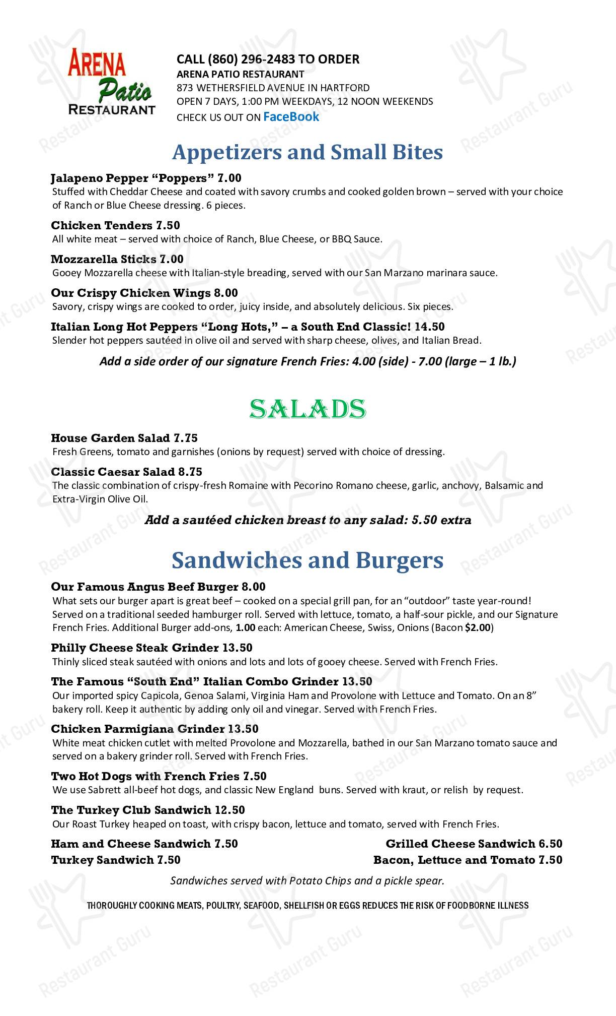 Carta de Arena Patio Restaurant, Hartford