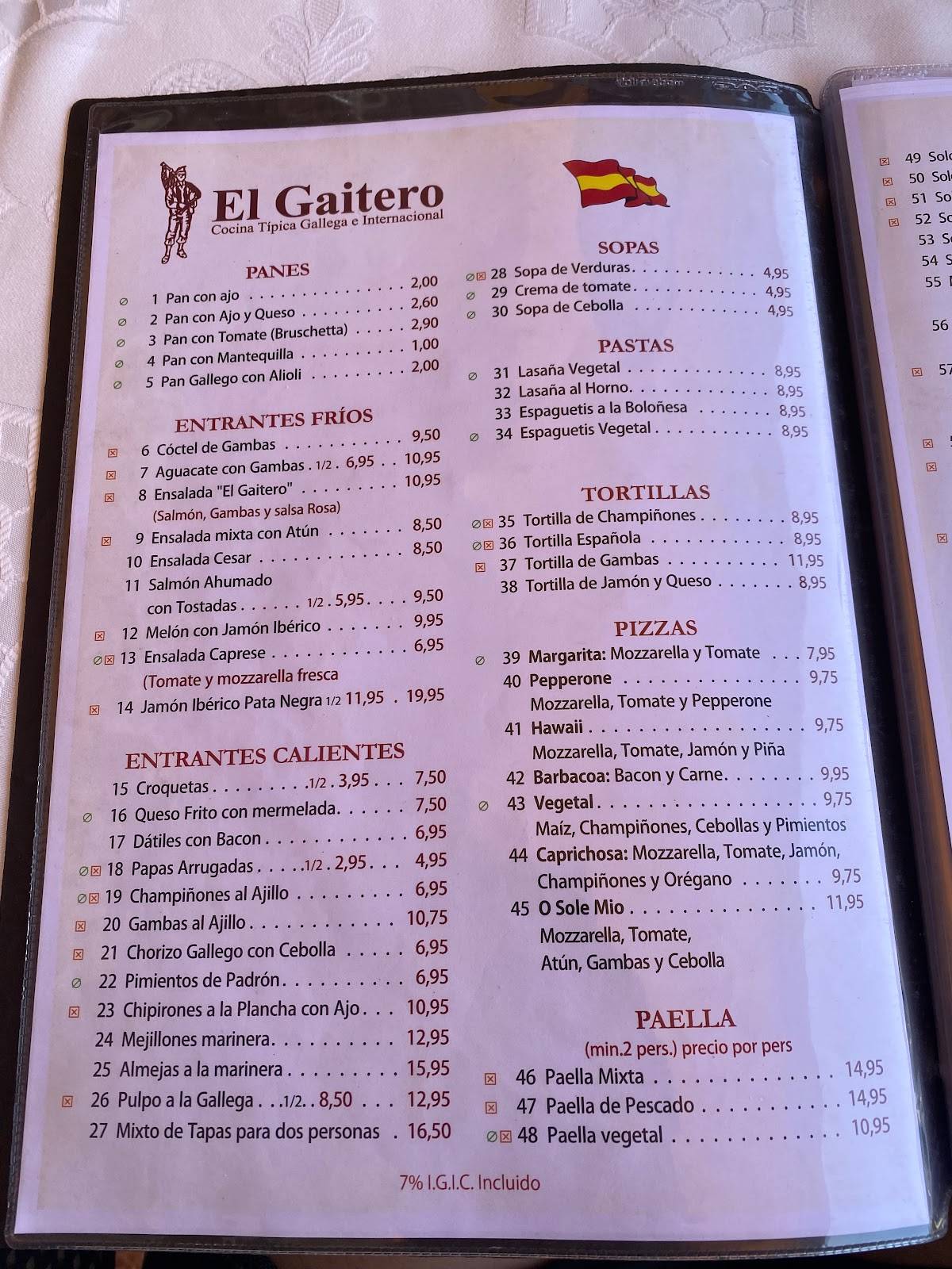 Carta de Restaurante El Gaitero, Puerto Rico