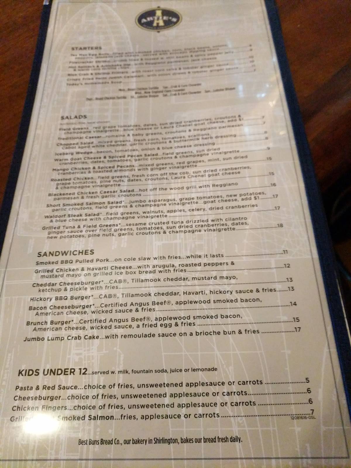 Menu at Artie's steakhouse, Fairfax