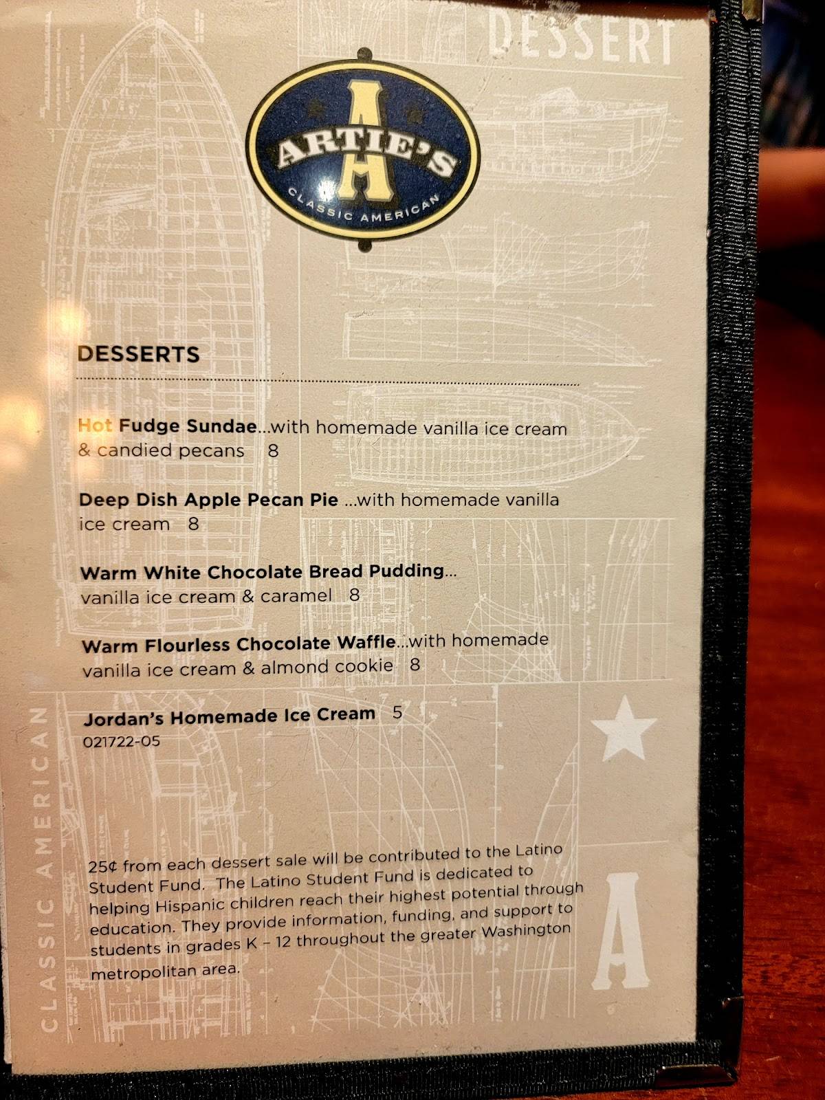 Menu at Artie's steakhouse, Fairfax