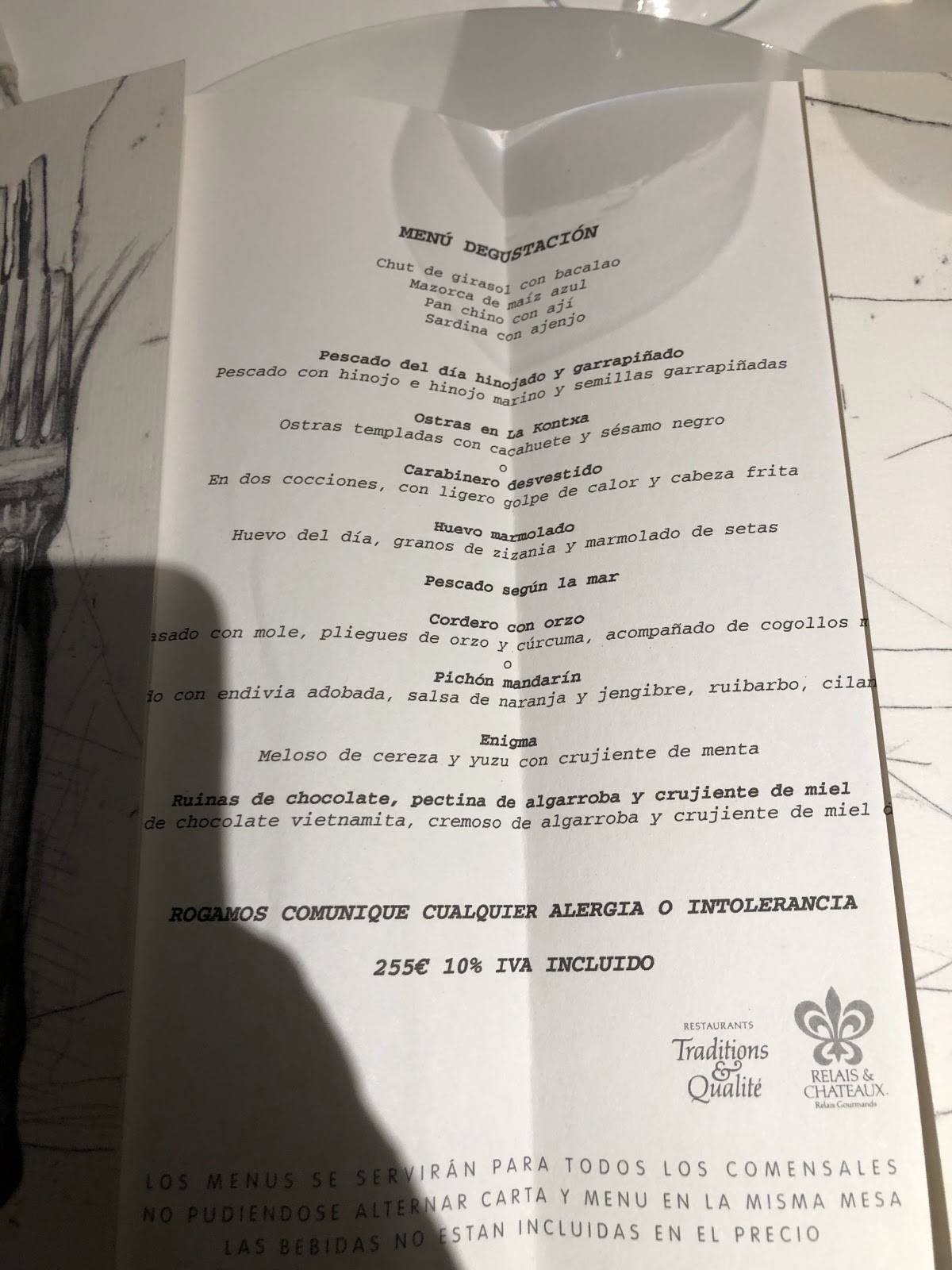 Menu at Arzak restaurant, San Sebastián, Alcalde J. Elosegi Hiribidea