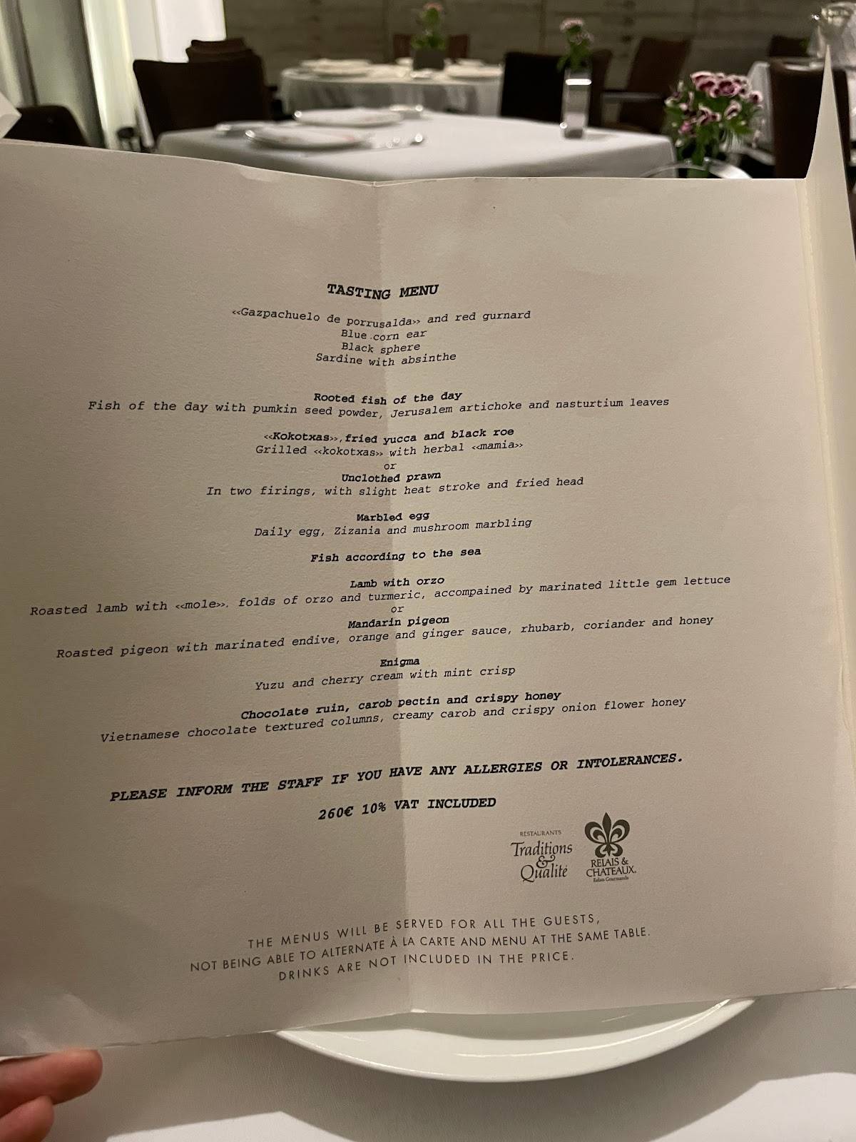 Menu at Arzak restaurant, San Sebastián, Alcalde J. Elosegi Hiribidea