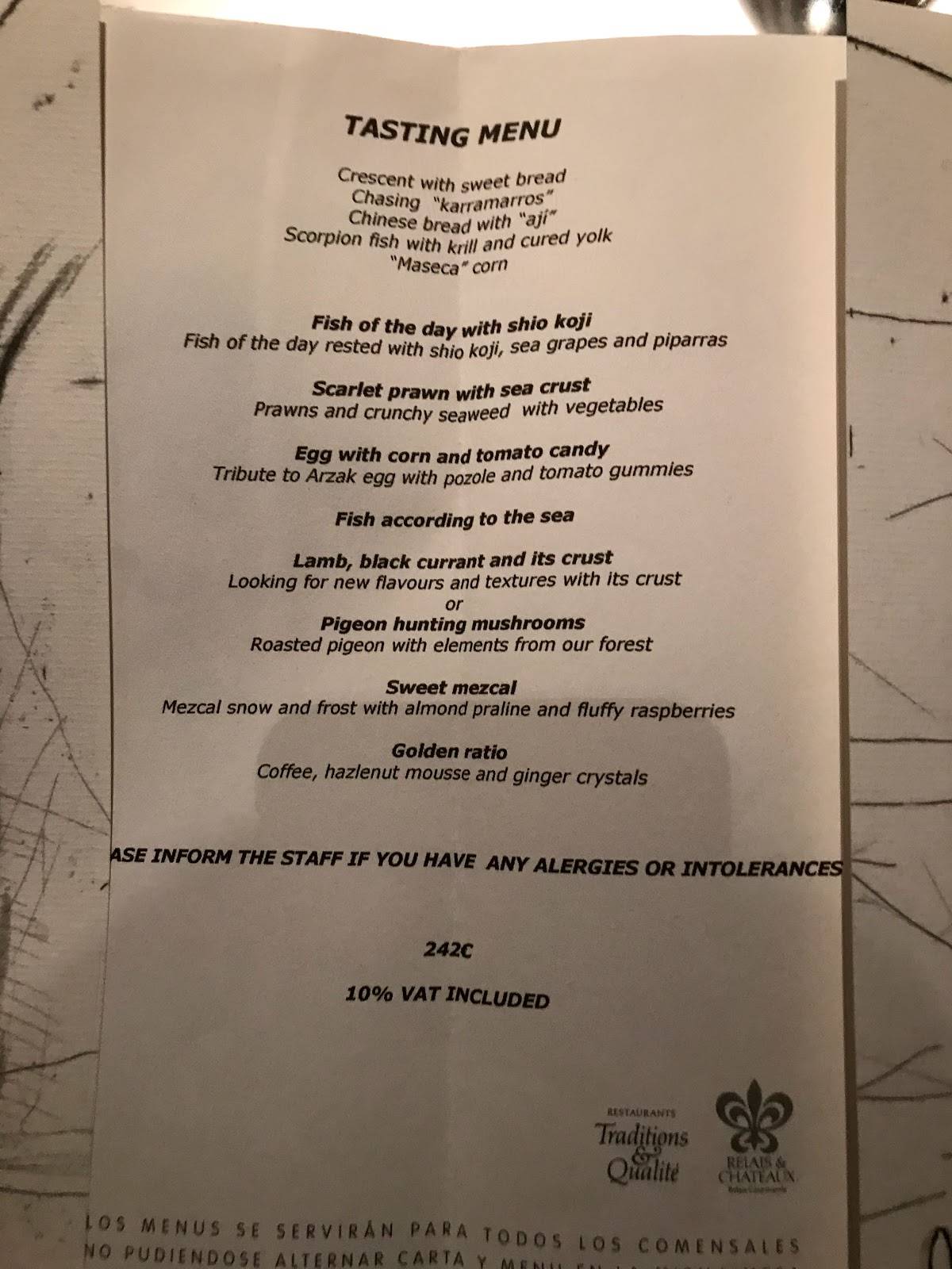 Menu at Arzak restaurant, San Sebastián, Alcalde J. Elosegi Hiribidea