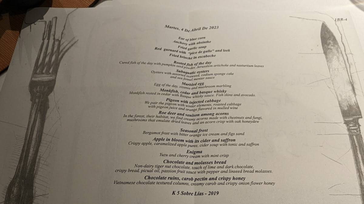 Menu at Arzak restaurant, San Sebastián, Alcalde J. Elosegi Hiribidea