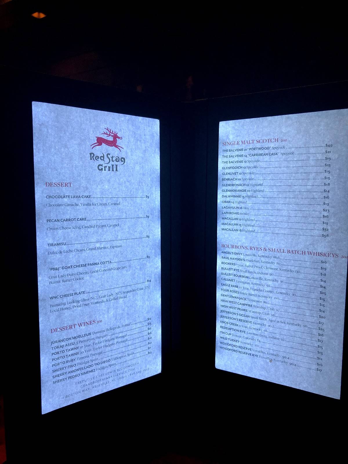 Menu at Red Stag Grill restaurant, Asheville