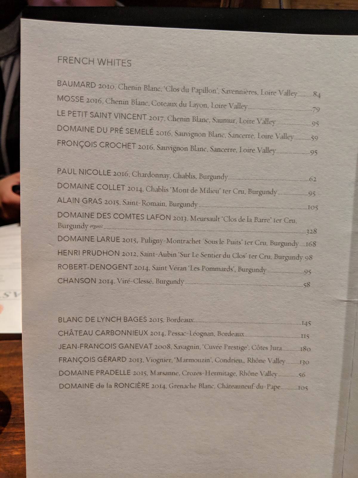 Menu at Aster restaurant, San Francisco