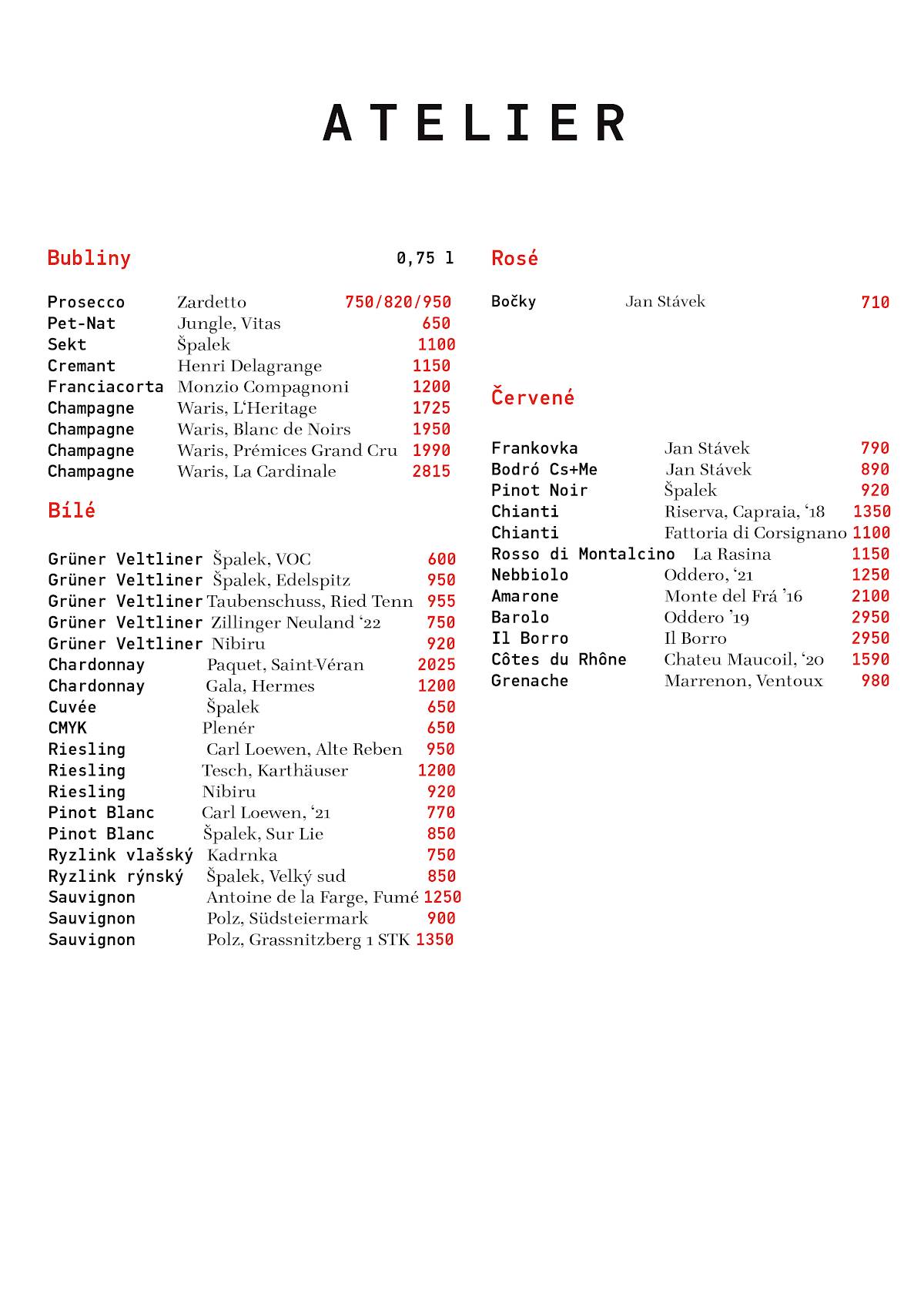 Menu at Atelier Bar & Bistro, Brno