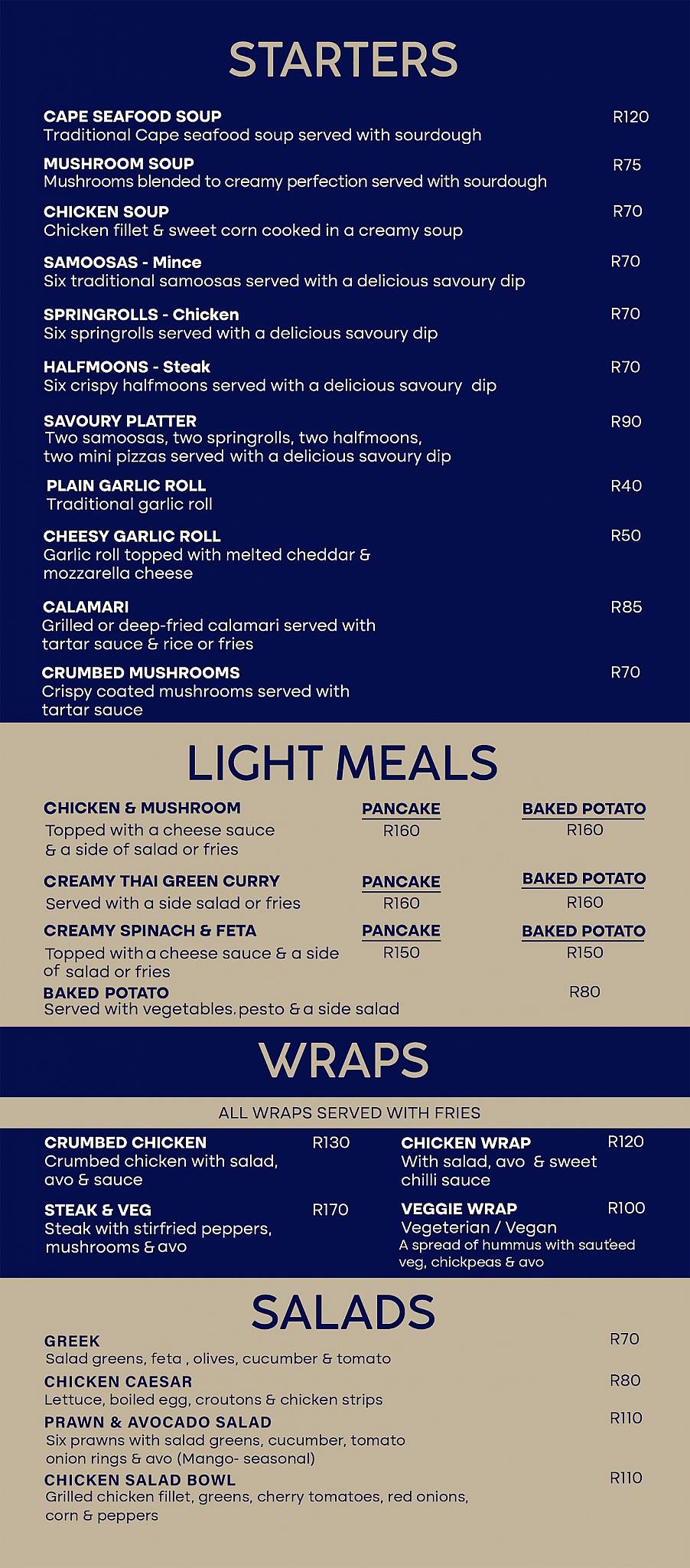 Menu at Atlantic Express Train Restaurant, Cape Town