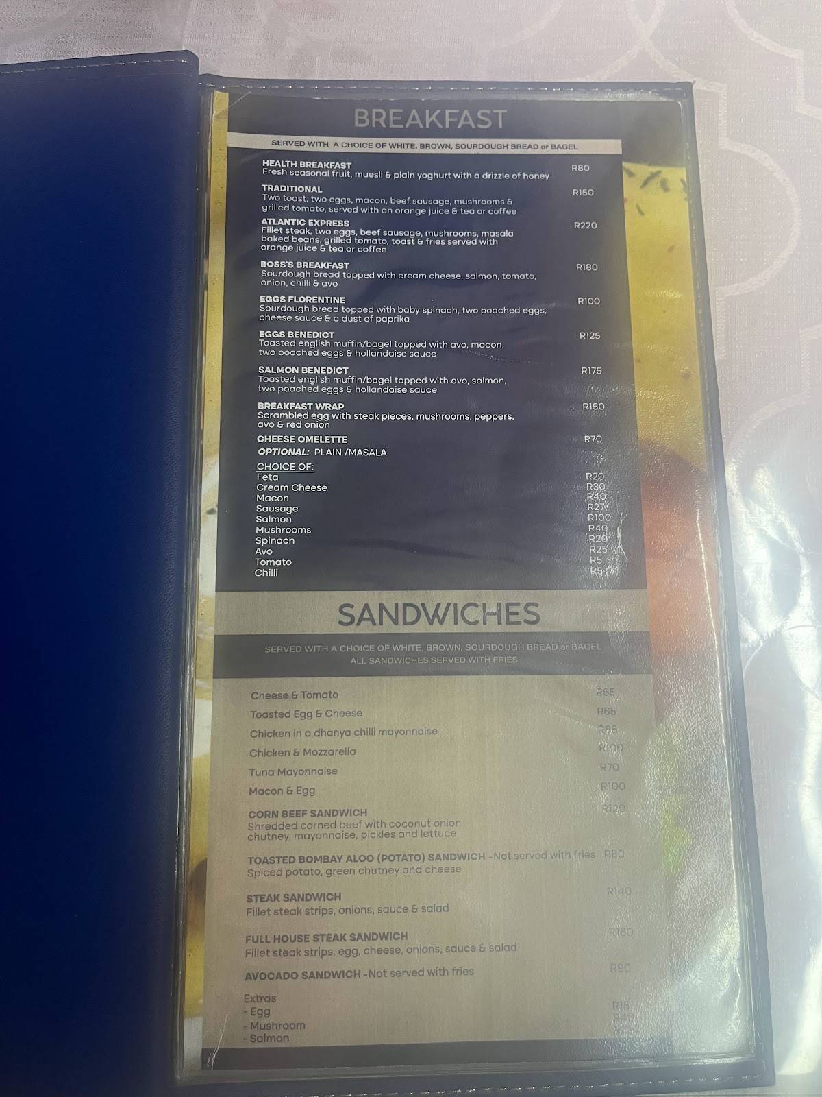 Menu at Atlantic Express Train Restaurant, Cape Town