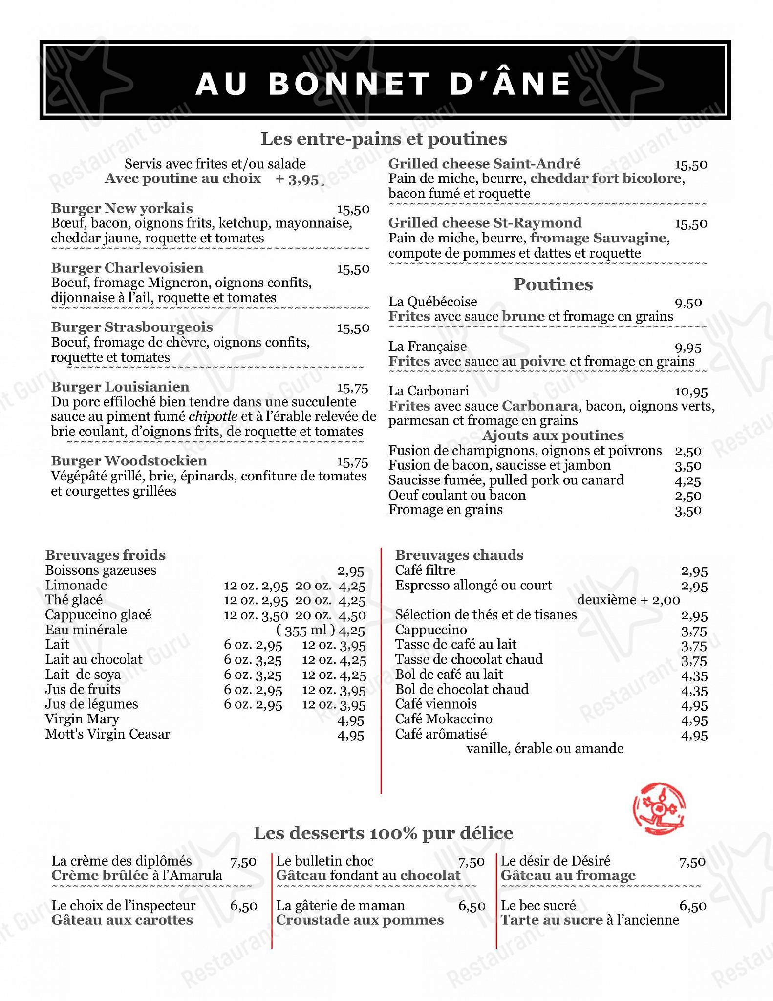 Menu au Cafe-Bistro Au Bonnet D'âne, Québec, 298 Rue Saint Jean