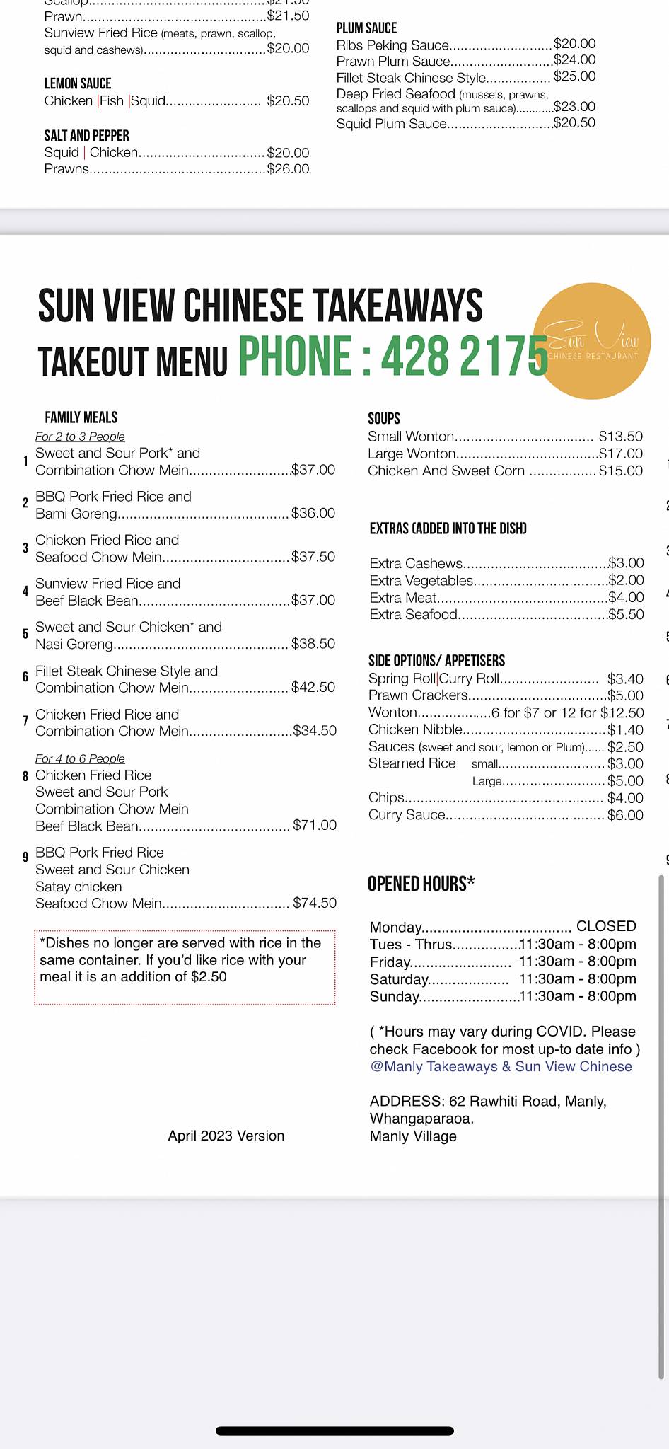 Menu at Manly Takeaways & Sun View Chinese restaurant, Auckland