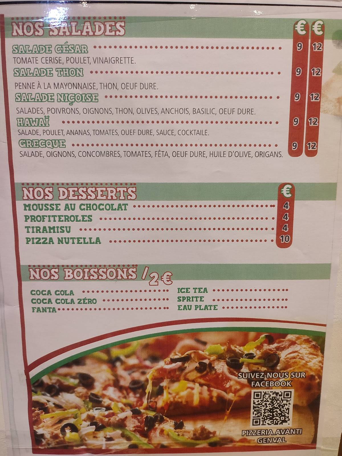 Menu au Avanti pizza Genval, Rixensart