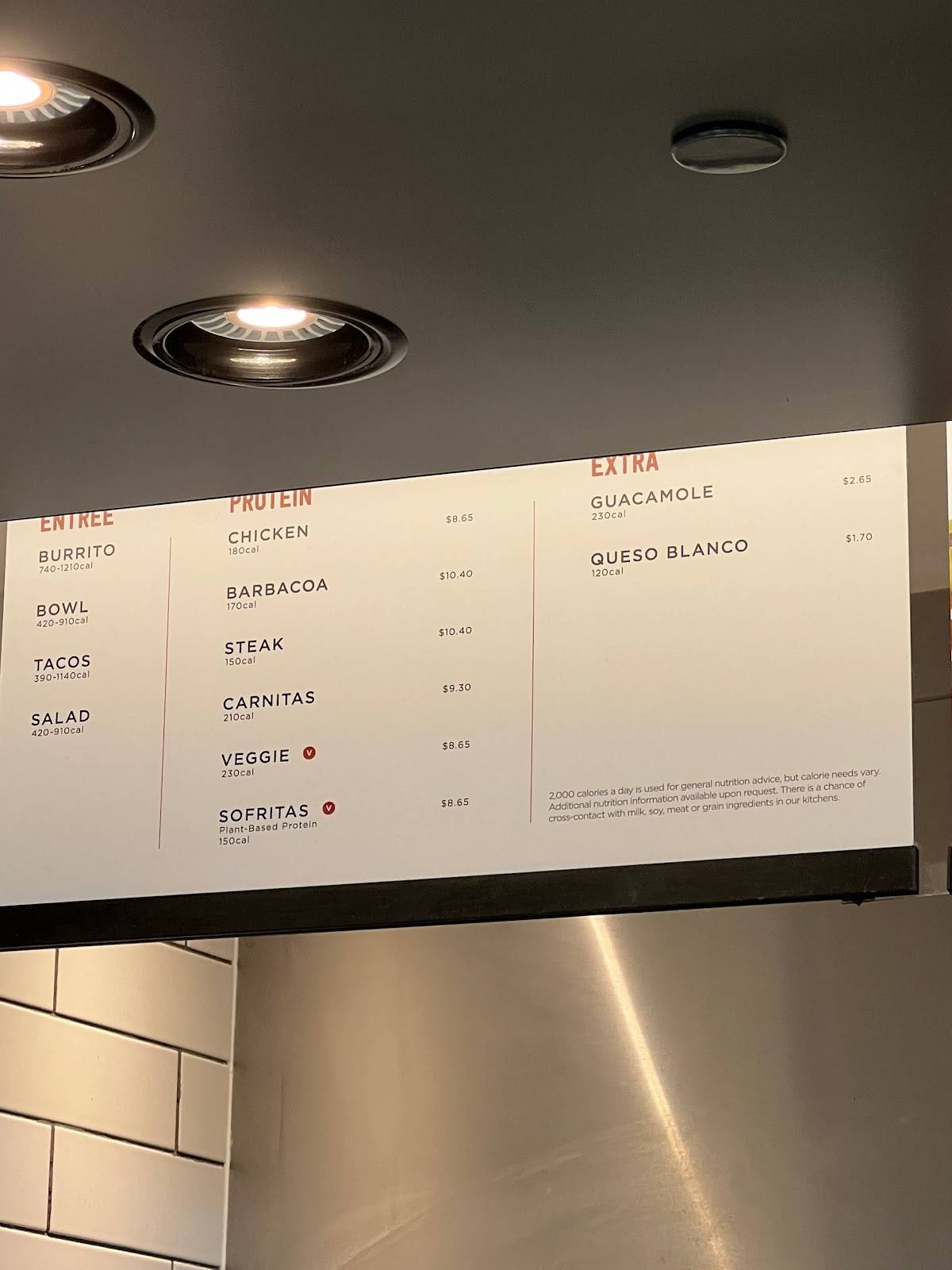 Menu at Chipotle Mexican Grill restaurant, Aventura, 19565 Biscayne Blvd