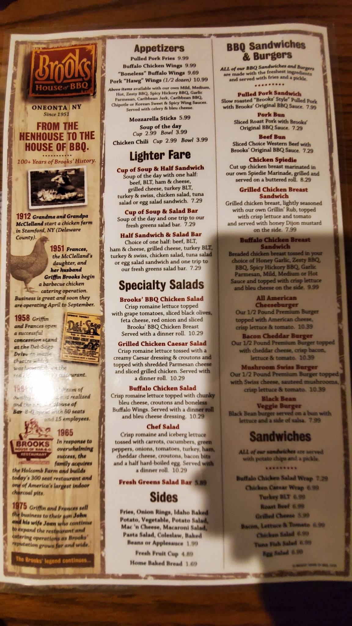 Menu at Brooks' House of Bar-B-Q, Oneonta