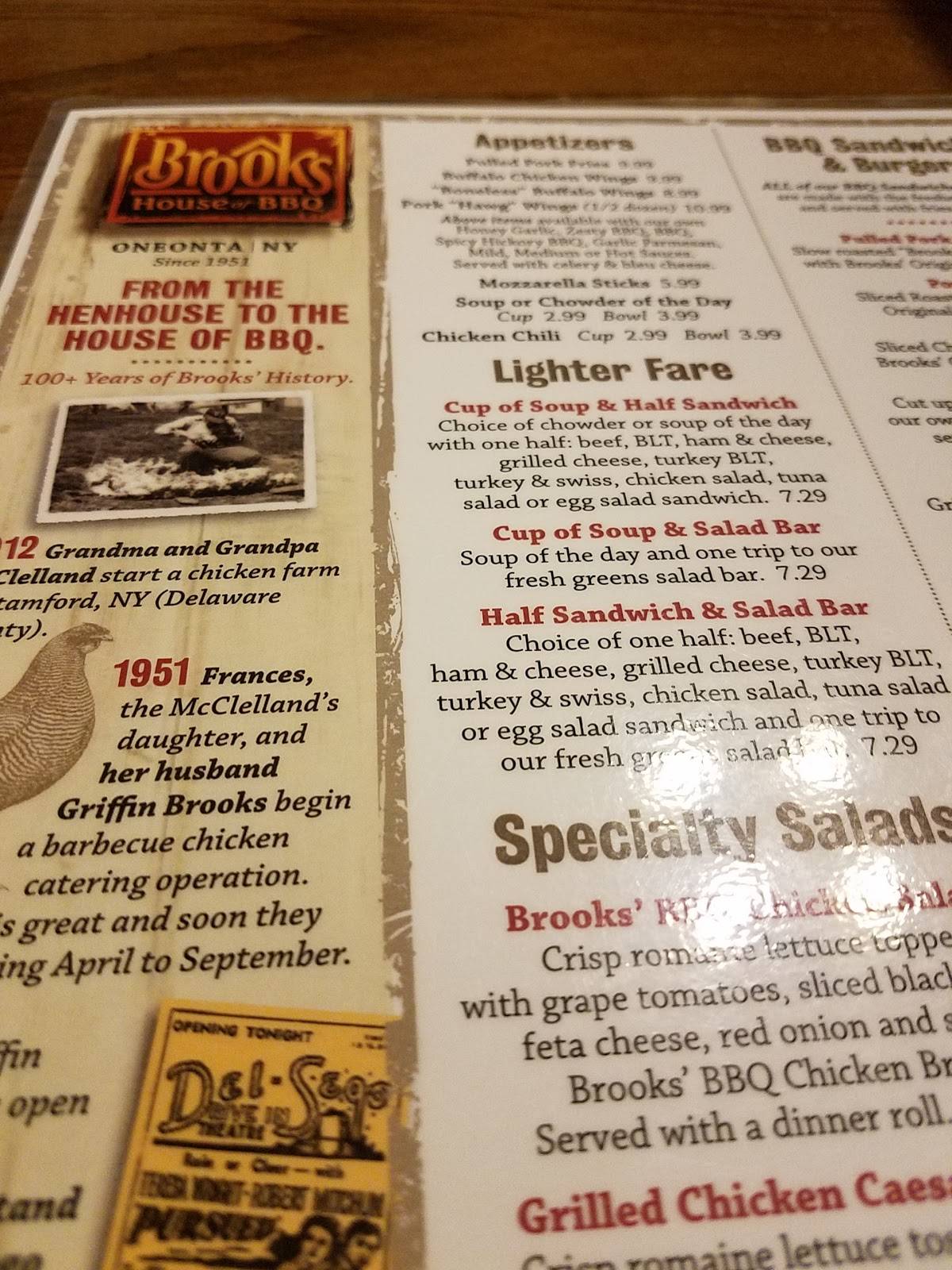 Menu at Brooks' House of Bar-B-Q, Oneonta