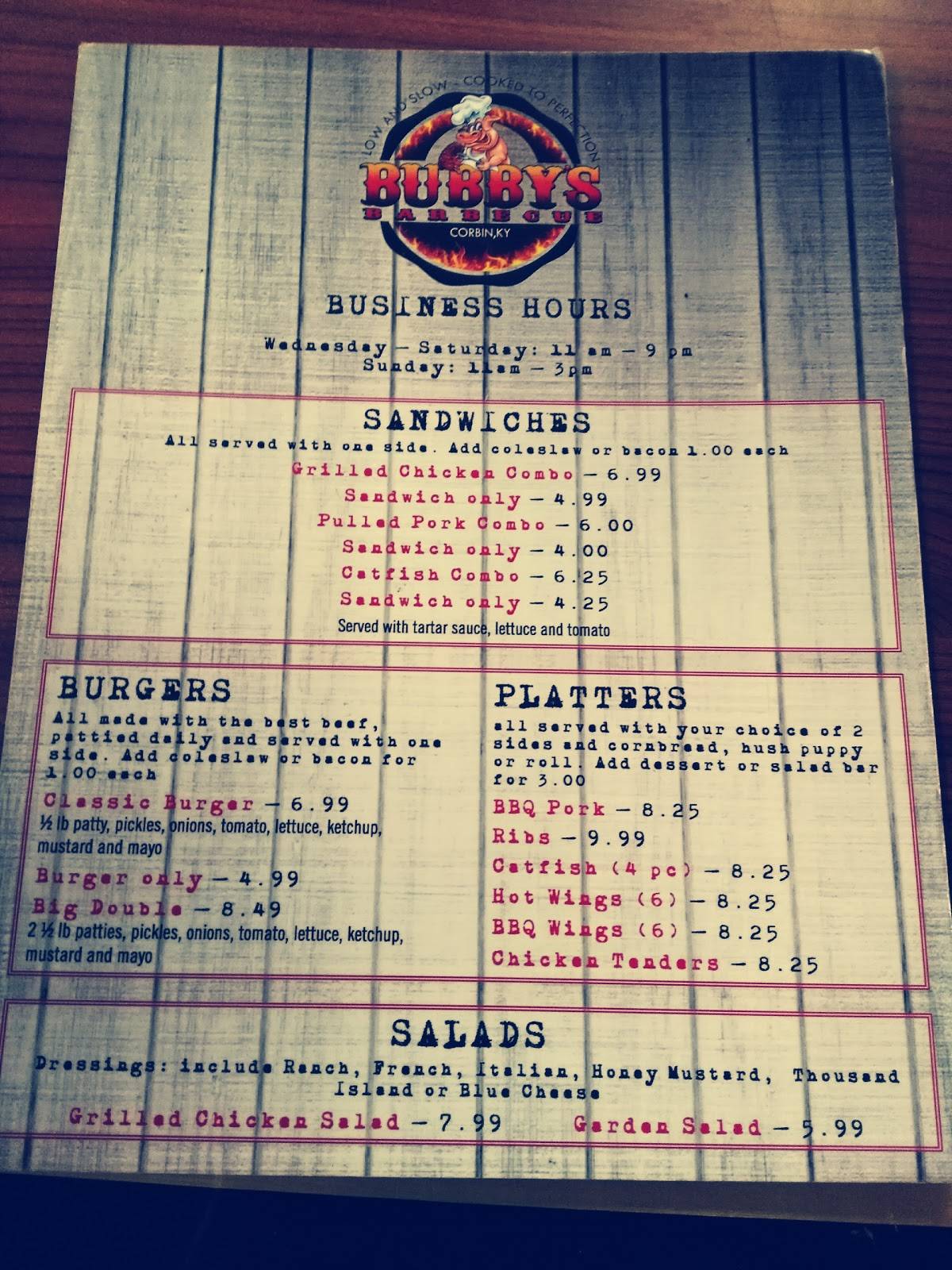 Menu at Bubby's BBQ, Corbin