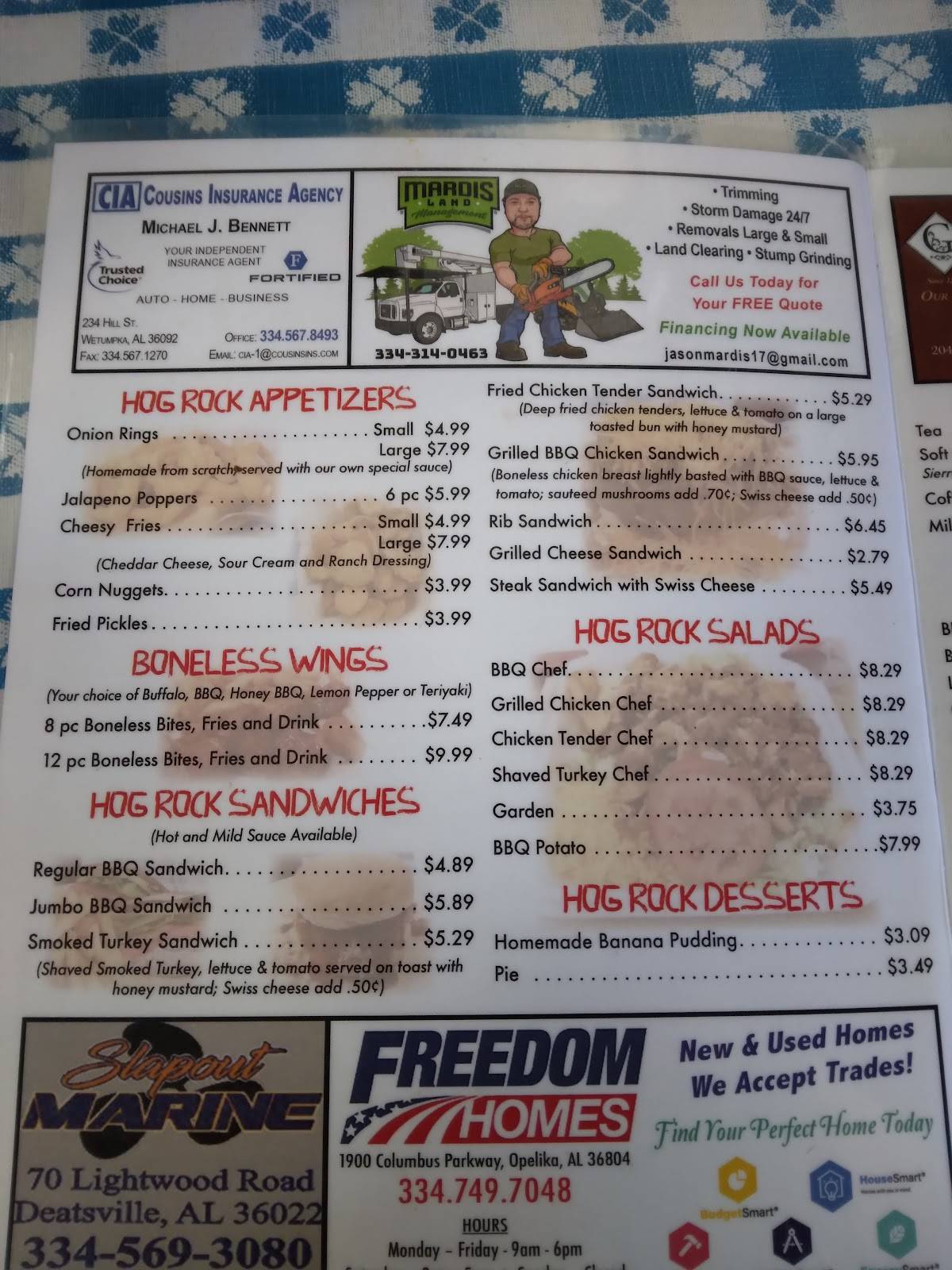 Menu at Hog Rock Bar-B-Q, Wetumpka