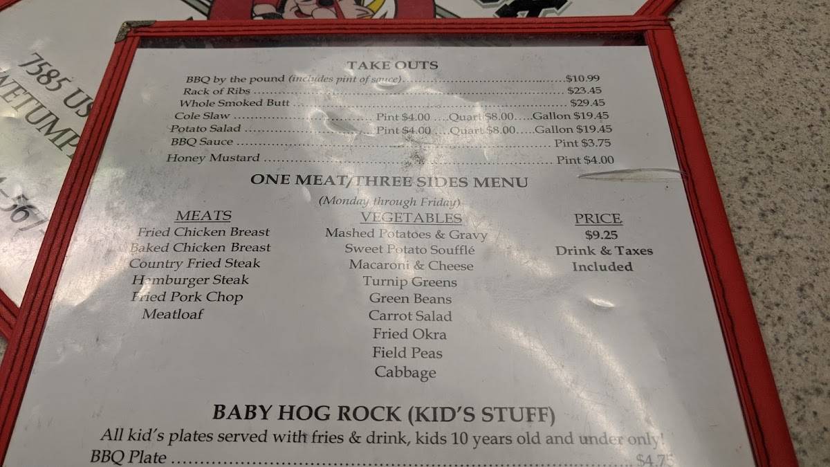 Menu at Hog Rock Bar-B-Q, Wetumpka