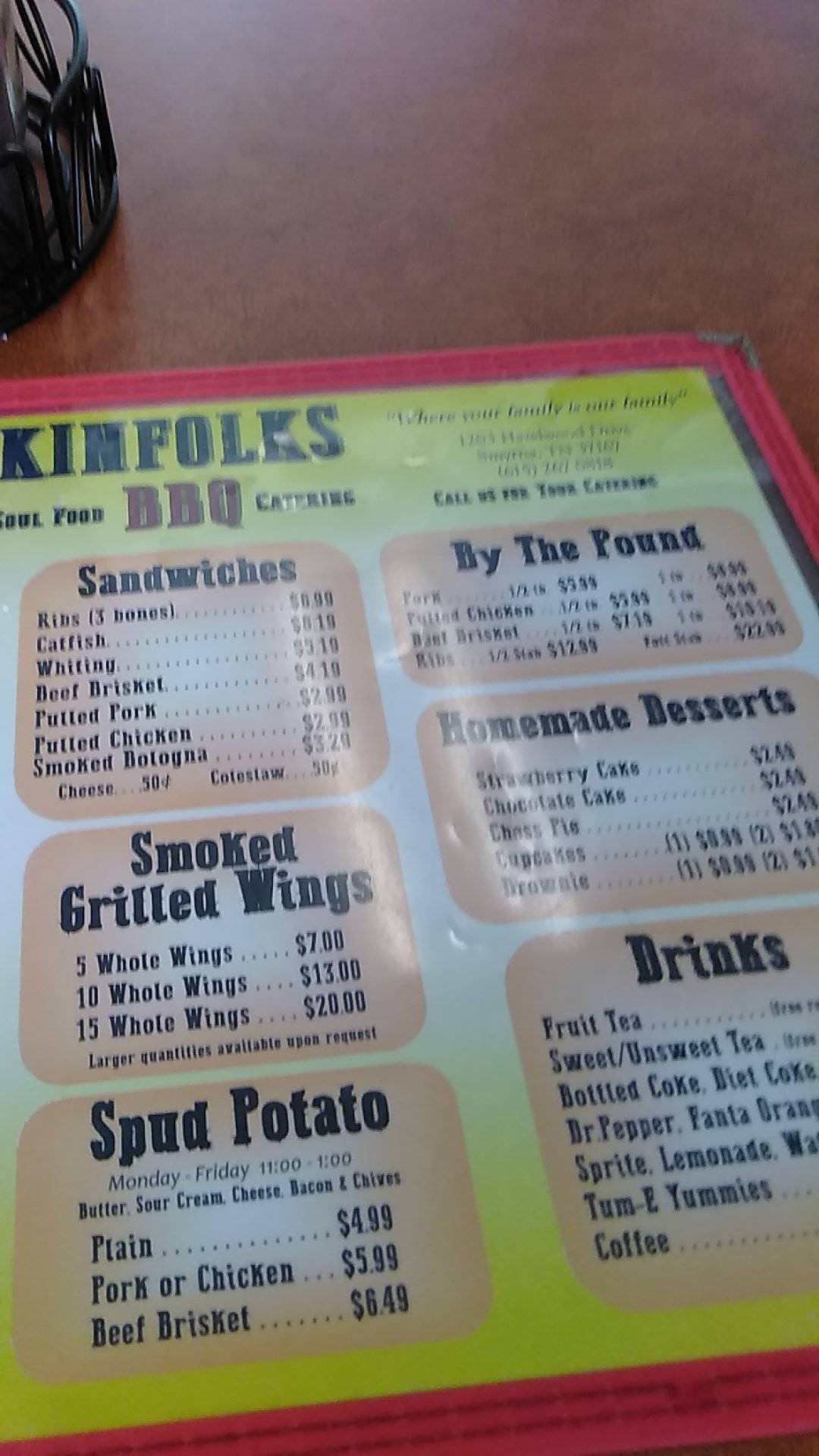 Menu at Kinfolks BBQ, Smyrna