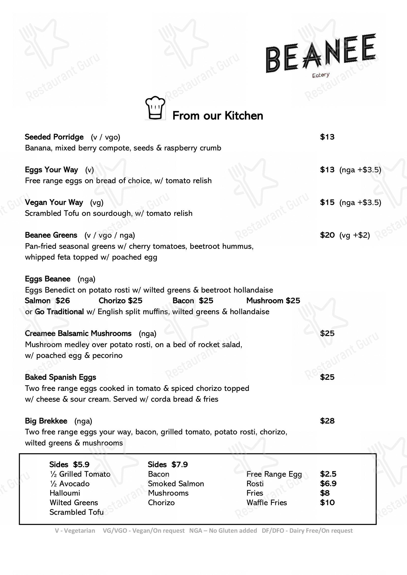 Menu at BEANEE Eatery cafe, Auckland