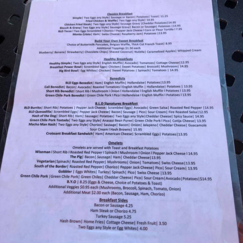 Menu at BLD Chandler restaurant, Chandler