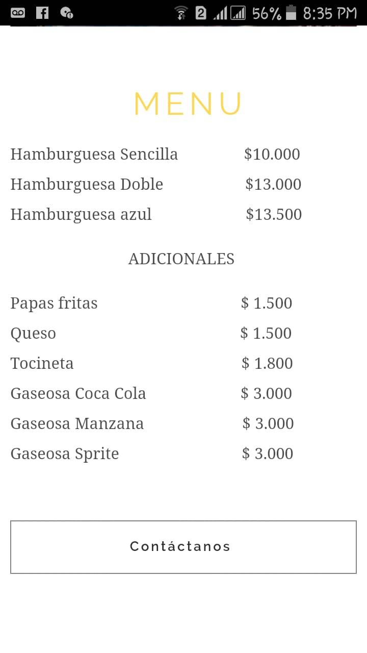 Menu at BLUE BURGERS restaurant, Bogotá