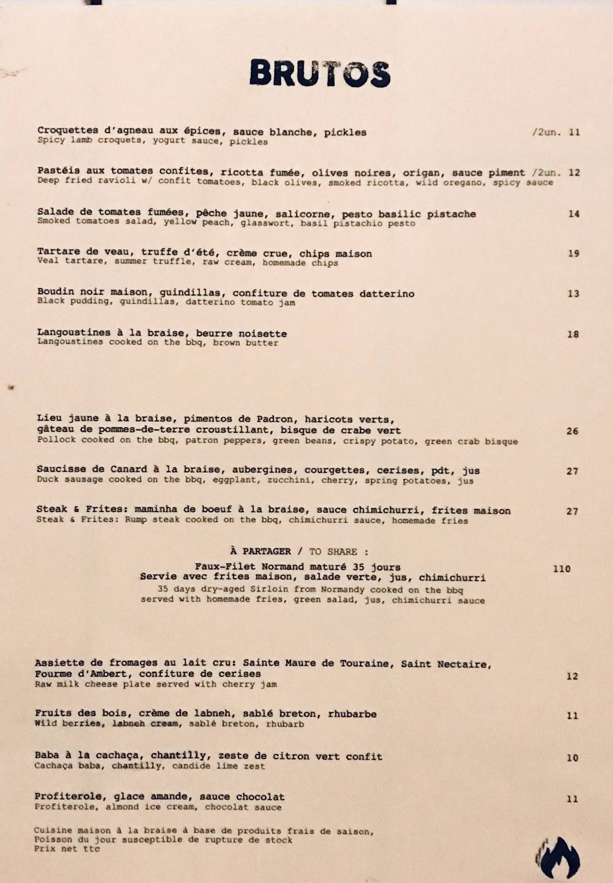 Menu au BRUTOS BBQ, Paris, 5 Rue du Général Renault