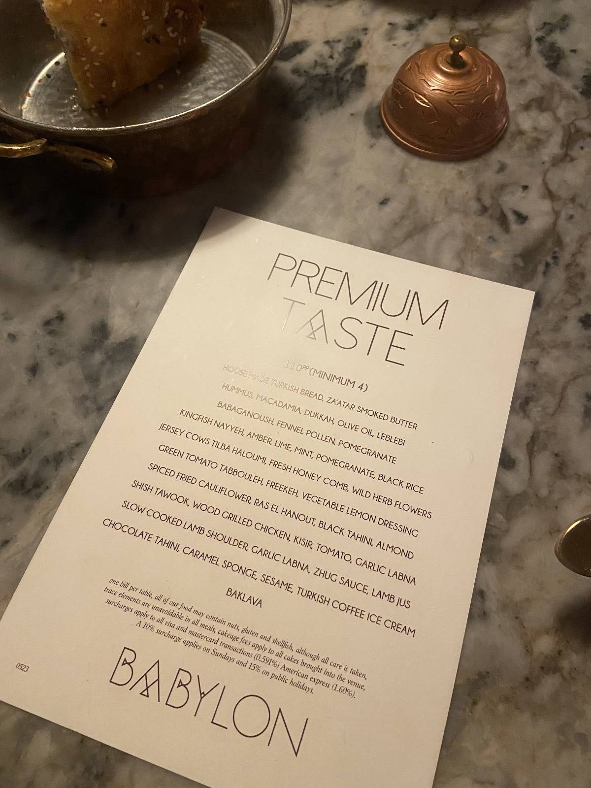 Carta de Babylon Rooftop & Garden Bar, Sydney