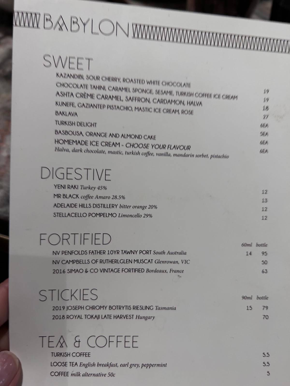 Carta de Babylon Rooftop & Garden Bar, Sydney