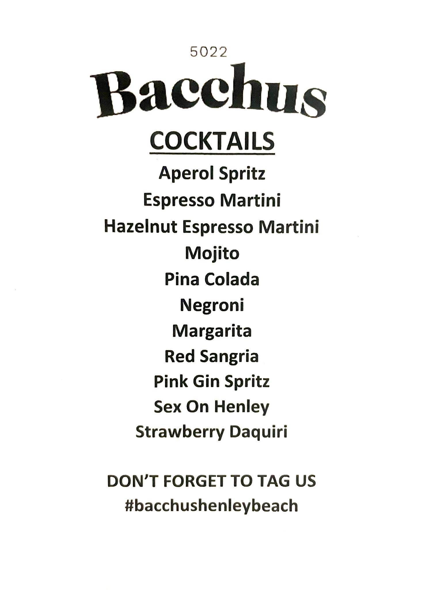 Menu at Bacchus Bar, Henley Beach, 253 Esplanade