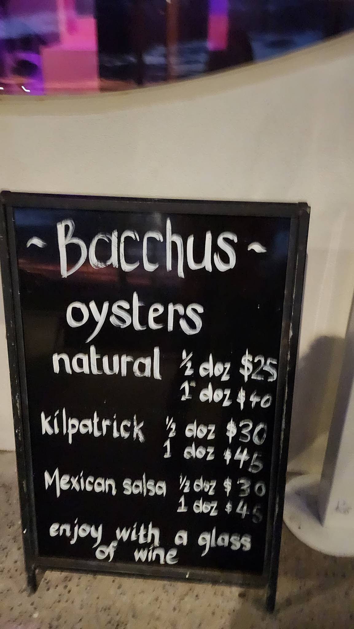 Menu at Bacchus Bar, Henley Beach, 253 Esplanade