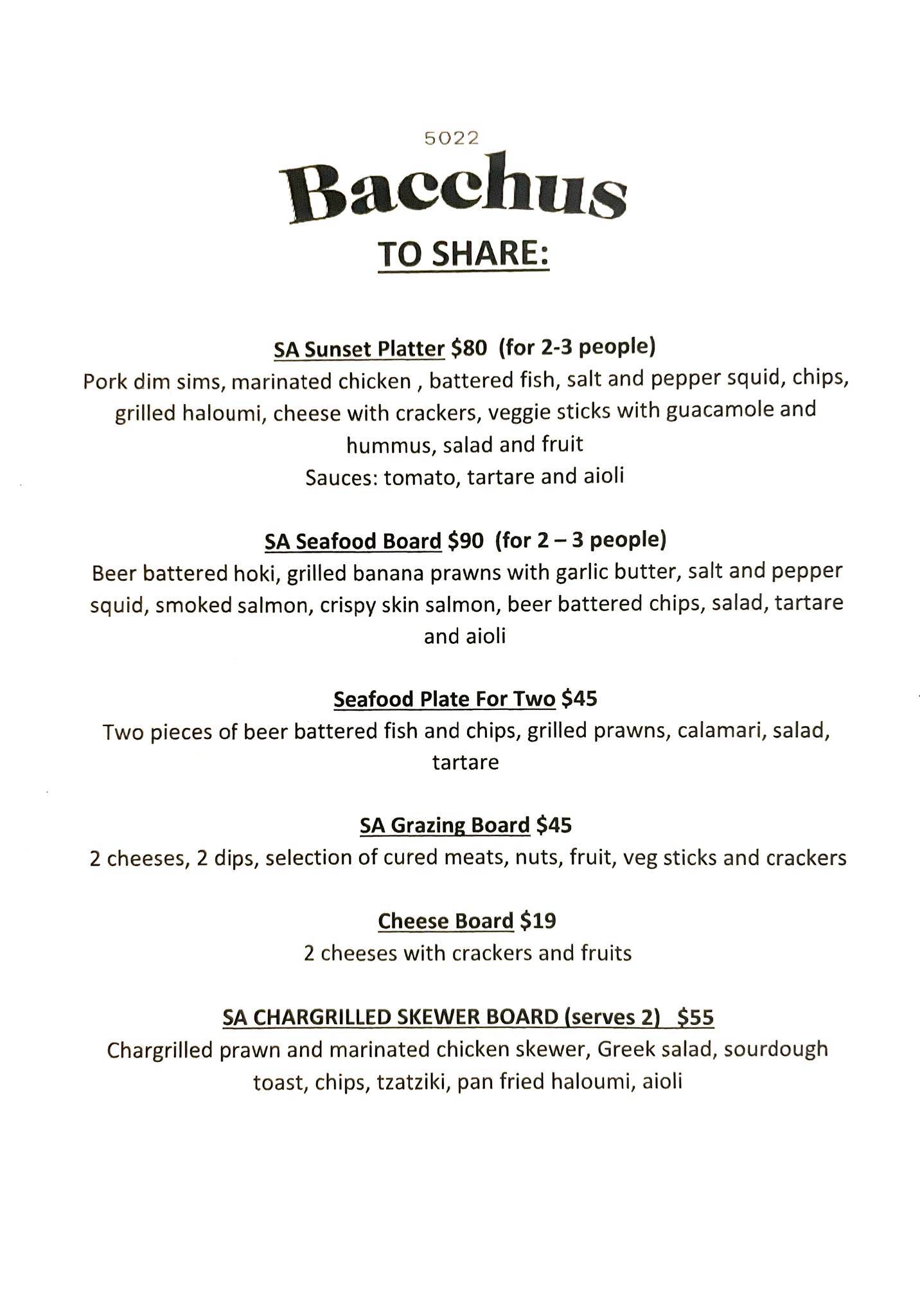 Menu at Bacchus Bar, Henley Beach, 253 Esplanade