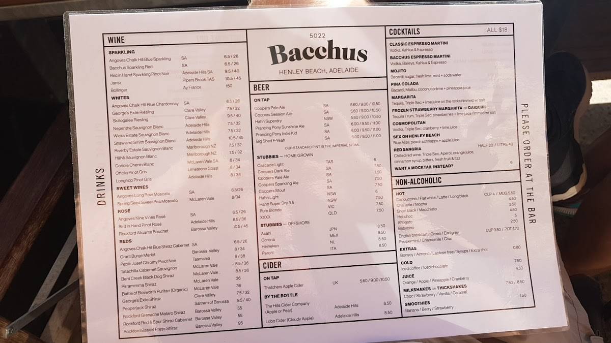 Menu at Bacchus Bar, Henley Beach, 253 Esplanade