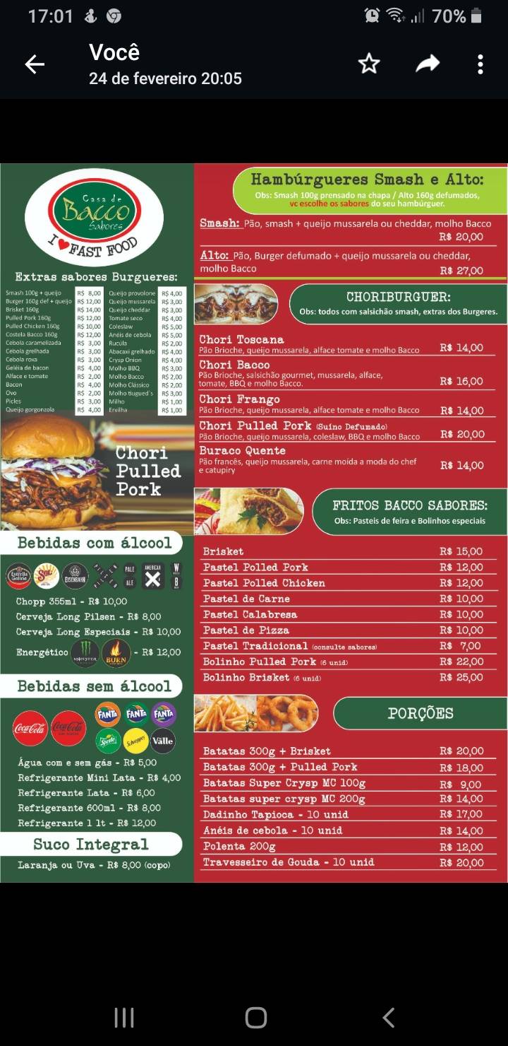 Menu at Bacco xis Boca do Monte restaurant, Santa Maria