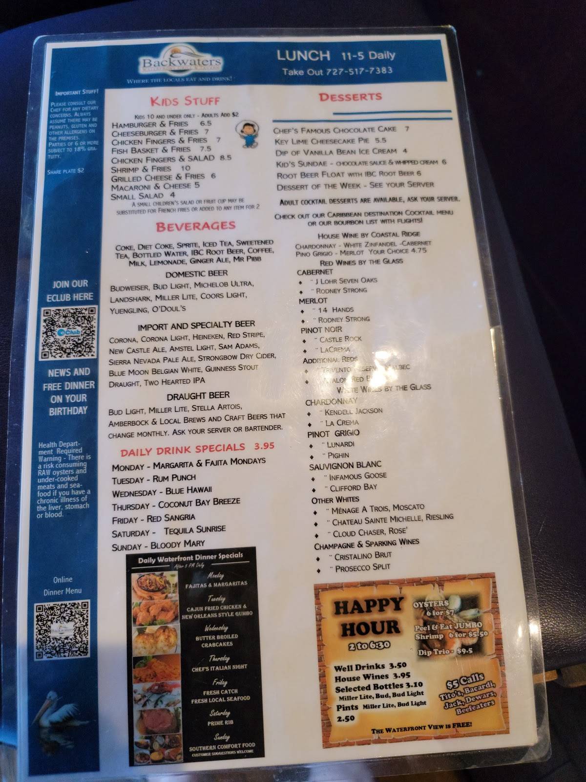 Menu at Backwaters restaurant, Clearwater