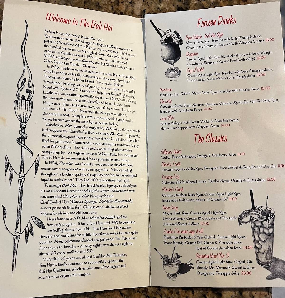 Menu at Bali Hai Restaurant, San Diego