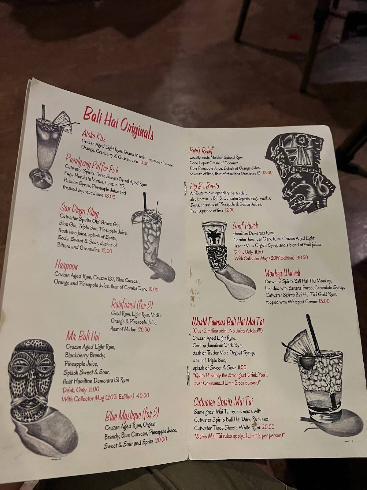 Menu at Bali Hai Restaurant, San Diego