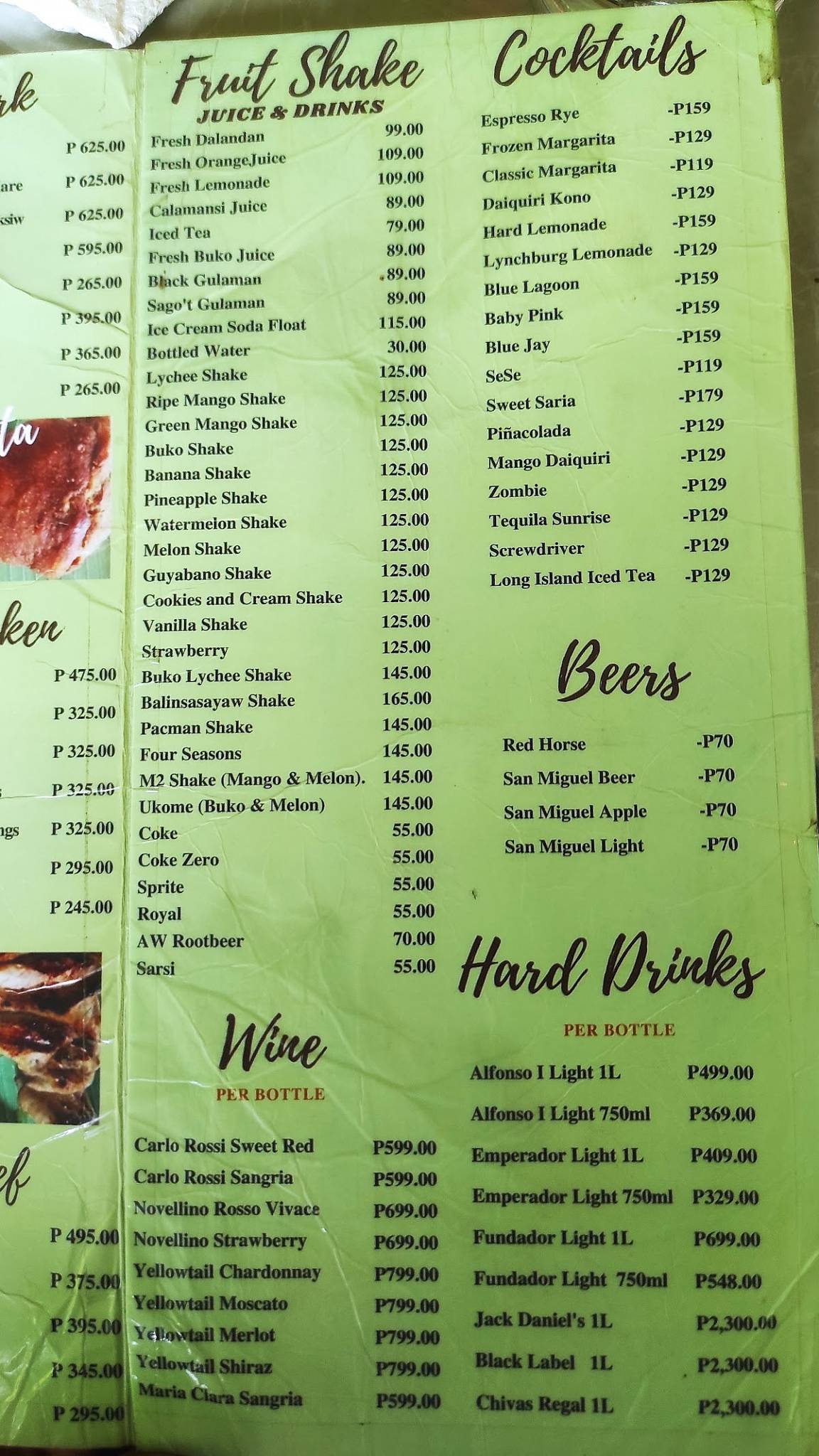Menu at Balinsasayaw restaurant, Silang, KM44 Emilio Aguinaldo Hwy