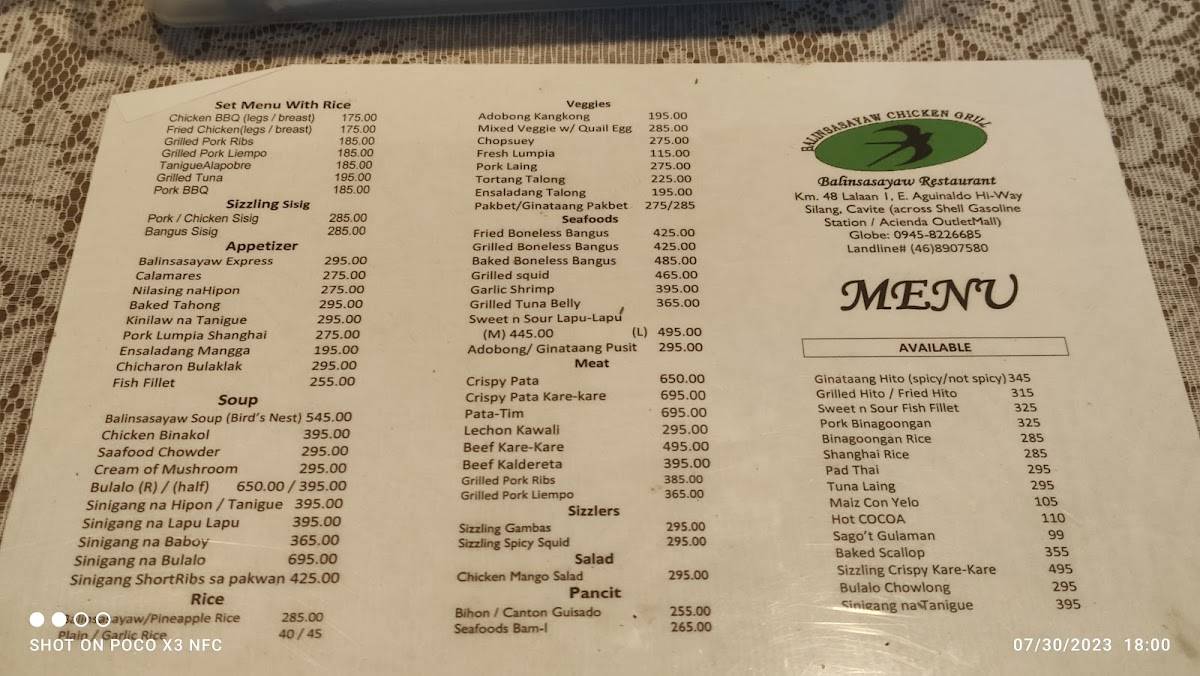 Menu at Balinsasayaw restaurant, Silang, KM44 Emilio Aguinaldo Hwy